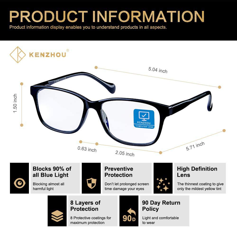 K KENZHOU Blue Light Blocking Glasses/Computer Glasses 2 Pack for Women/Men Computer Reading/Gaming/TV/Phones Glasses,Anti Eyestrain & UV Glare(C1,C2)