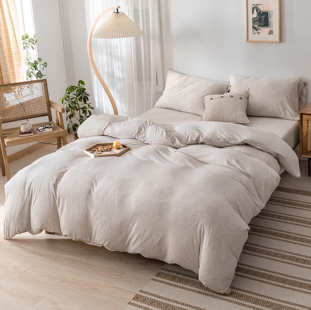 DONEUS Jersey Knit Duvet Cover Set 100% T-Shirt Cotton Super Soft Breathable Comfy Natural Bedding Set 3 Piece with Zipper Closure, Solid Beige King 104x90 Inches