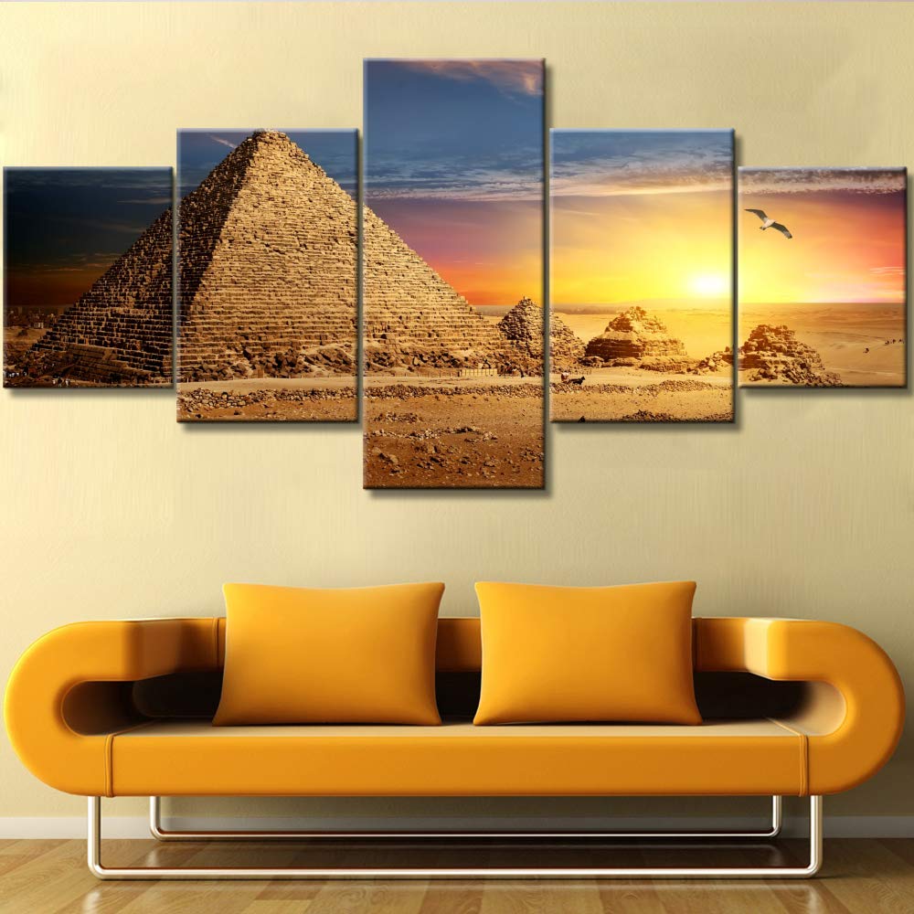Canvas Wall Art Ancient Pyramids in Sand Pictures Sundow Yellow Scenery Artwork 5 Panel Prints Paintings for Living Room Giclee Modern Home Decor Wooden Framed Stretched Ready to Hang(50''Wx24''H)