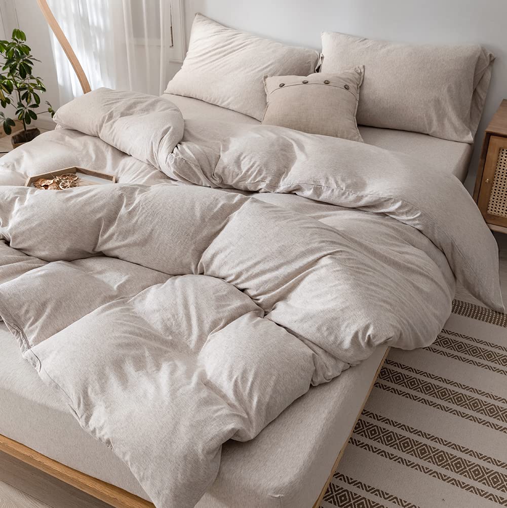 DONEUS Jersey Knit Duvet Cover Set 100% T-Shirt Cotton Super Soft Breathable Comfy Natural Bedding Set 3 Piece with Zipper Closure, Solid Beige King 104x90 Inches