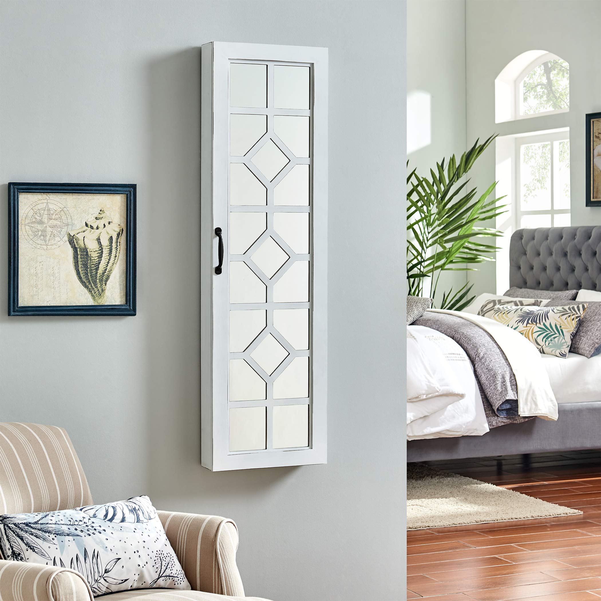 FirsTime & Co. White Eloise Jewelry Armoire, Necklace Organizer for Bedroom Storage, Full Length Mirror Wall Vanity, Wood, Farmhouse, 43 x 14 inches