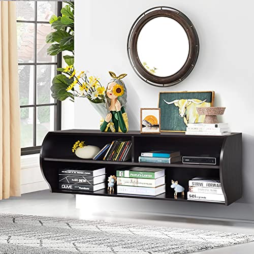 Tangkula Wall Mounted Media Console, Floating TV Stand Cabinet, 2 Tier Modern Wall Mount TV Component Shelf for Home Living Room Office, Wall Mounted Audio/Video Shelf (Coffee)