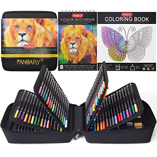 PANDAFLY 150 Pack Drawing Pencils Set, 120 Colored Pencils with 3-Color Sketchbook, Adult Coloring Book, Graphite, Charcoal Pencils for Drawing Sketching Blending Shading, Quality Soft Core Oil Based