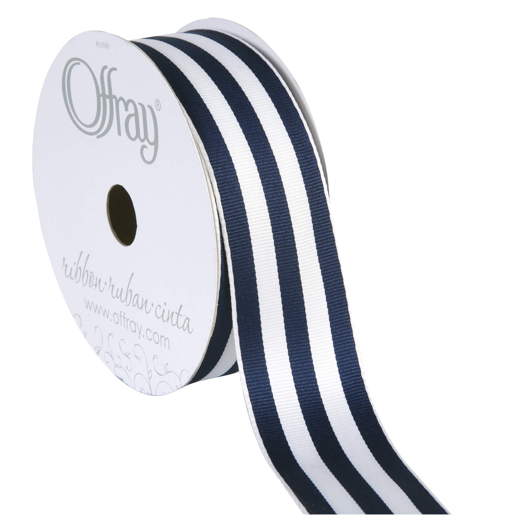 Offray 1.5" Wide Grosgrain Ribbon, 25 Yards, Navy Blue and White Stripe