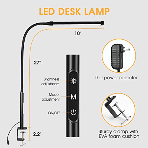 LIBORA LED Desk Lamp with Clamp, Smart Dimmable Clip Light for Home Office, 3 Modes 6 Brightness, Long Flexible Gooseneck, Eye-Caring, Architect Task Lamp with Remote & Touch Control, Black