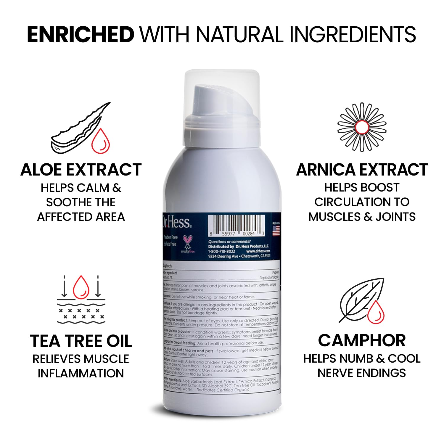 Dr. Hess Spray, Extra Strength Natural Joint & Muscle Relief for Sports Injuries, Arthritis, Swelling & Aching, with Aloe, Arnica, Tea Tree Oil & Camphor, Travel Size, 3.4 Oz (96g)