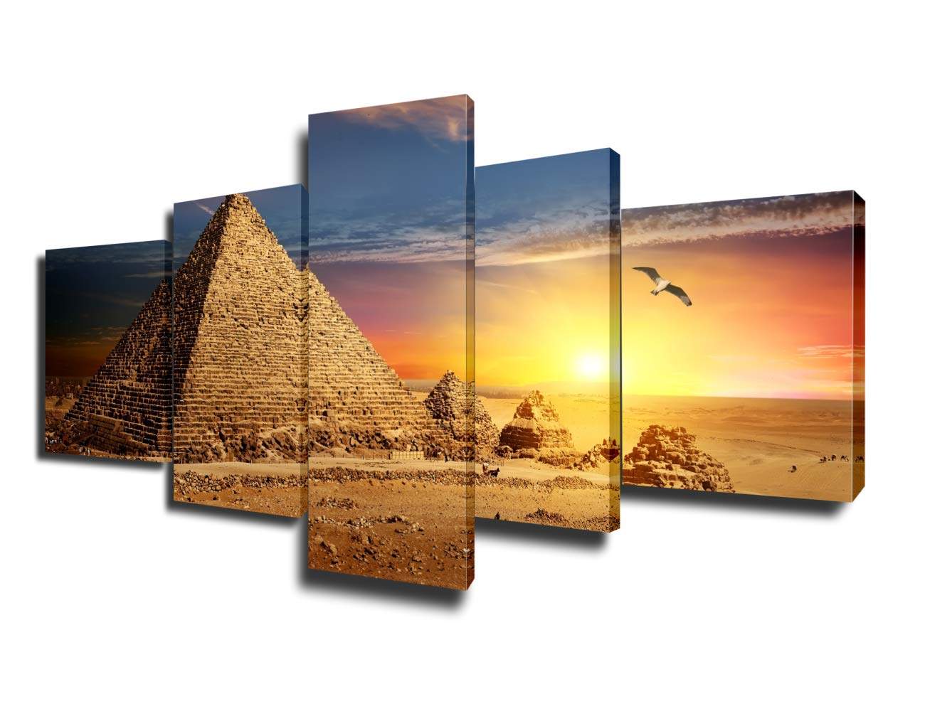 Canvas Wall Art Ancient Pyramids in Sand Pictures Sundow Yellow Scenery Artwork 5 Panel Prints Paintings for Living Room Giclee Modern Home Decor Wooden Framed Stretched Ready to Hang(50''Wx24''H)