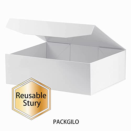 PACKGILO 1 Pcs White Extra Large Gift Box with Lid, 16.5 x 13 x 5.3 Inches, Hard Magnetic Giant Gift Boxes for Presents Clothes Robe Wedding Dress Sweater,Reusable Foldable Bridesmaid Proposal Box