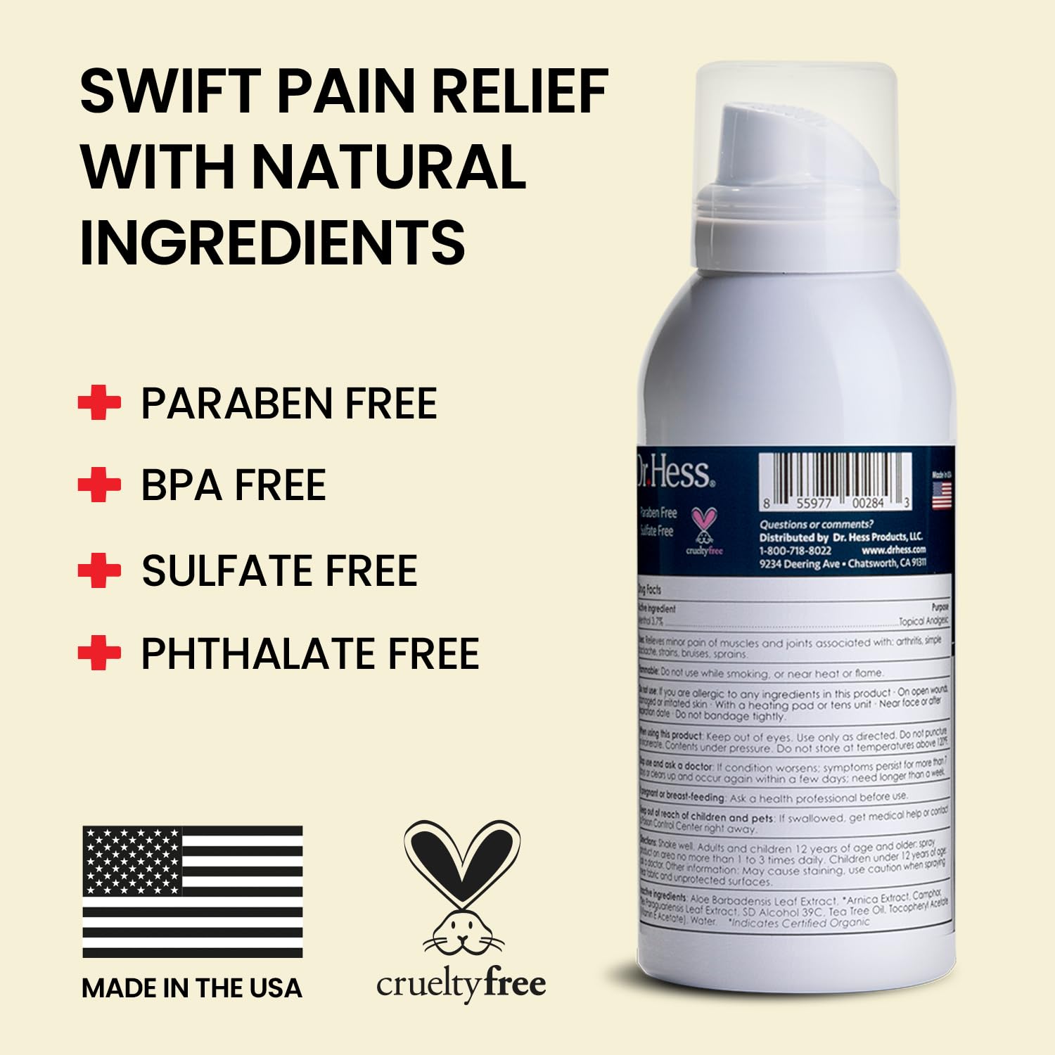 Dr. Hess Spray, Extra Strength Natural Joint & Muscle Relief for Sports Injuries, Arthritis, Swelling & Aching, with Aloe, Arnica, Tea Tree Oil & Camphor, Travel Size, 3.4 Oz (96g)