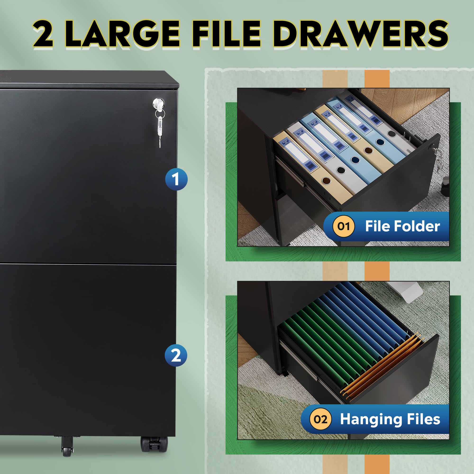 DEVAISE 2-Drawer Rolling File Cabinet with Lock, Metal Filing Cabinet for Home Office, Fully Assembled Under Desk Cabinet, Black