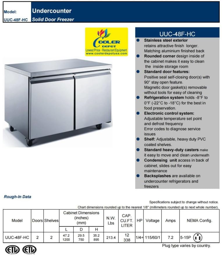 Under Counter Freezer 48" Stainless Steel Commercial Freezer NSF 2 doors 2 shelves, 0°F to -8°F 115V/60HZ Restaurant- TUC48F