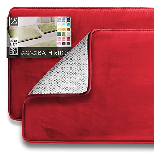 Clara Clark Bathroom Rugs, Ultra Soft Plush Bath Mat for Bathroom, Non-Slip, Velvet Memory Foam Set of 2 Bath Rugs, 17 x 24, Solid Burgundy Red