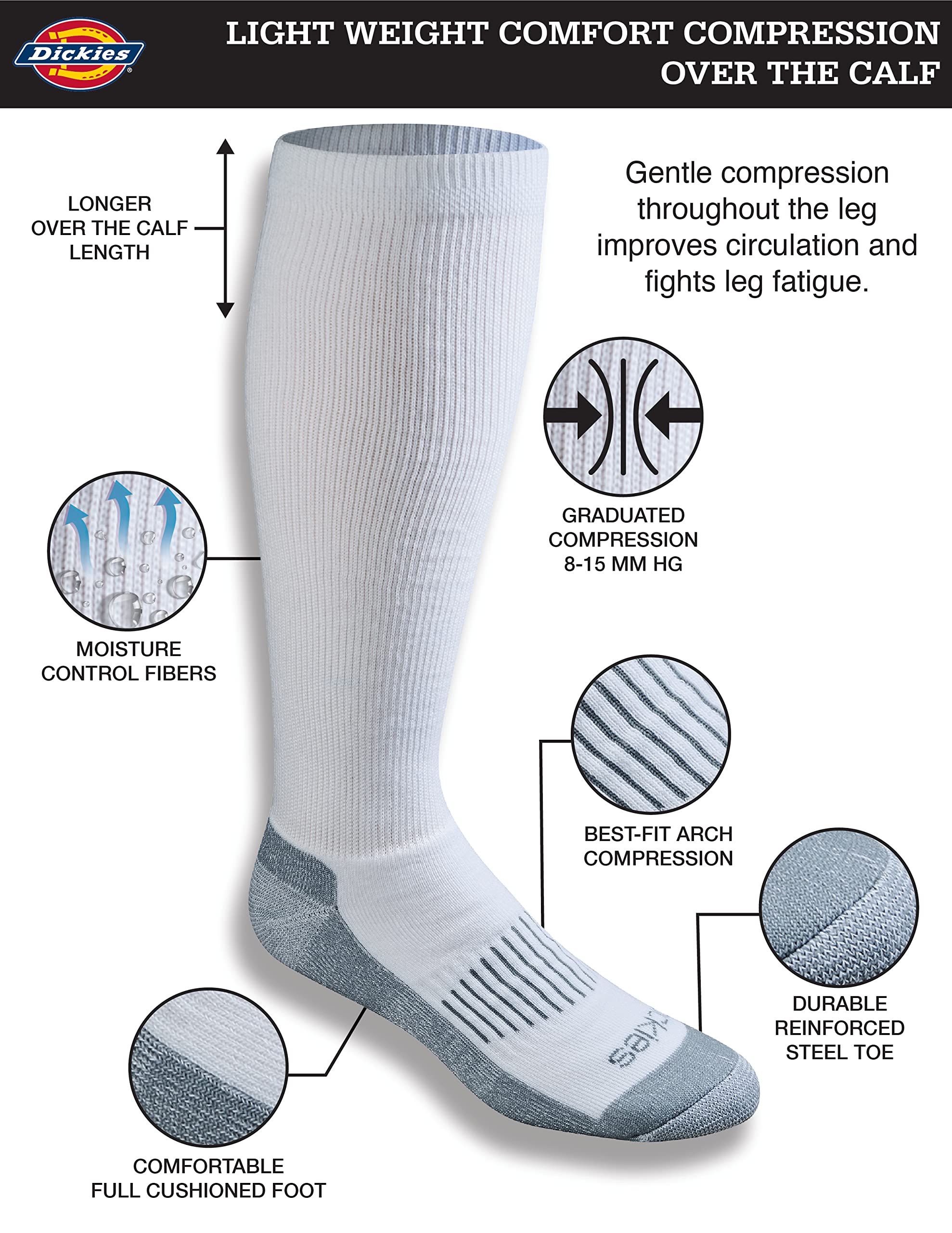 Dickies Men's Light Compression Comfort Over-The-Calf Socks, Available in M-XXL (2, 4 Pairs), Shoe Size: 6-12
