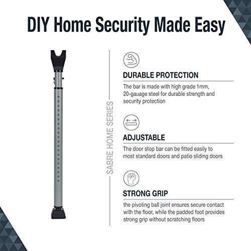 SABRE Adjustable 2-in-1 Door Security Bar, Door Stop Bar Secures Onto Door Knob, Strong Scratch-Proof Grip, Steady Against Floor, Removable Door Knob Top For Sliding Door Use, Portable & Easy to Use