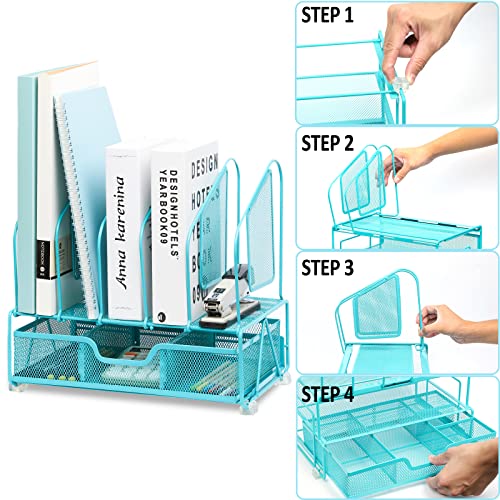Beiz Blue Desk Organizer and Accessories Storage with 5 Vertical File Folder Holders, Paper Tray, Drawer for Women Office, Home, Dorm, Workspace to Collect Office Supplies