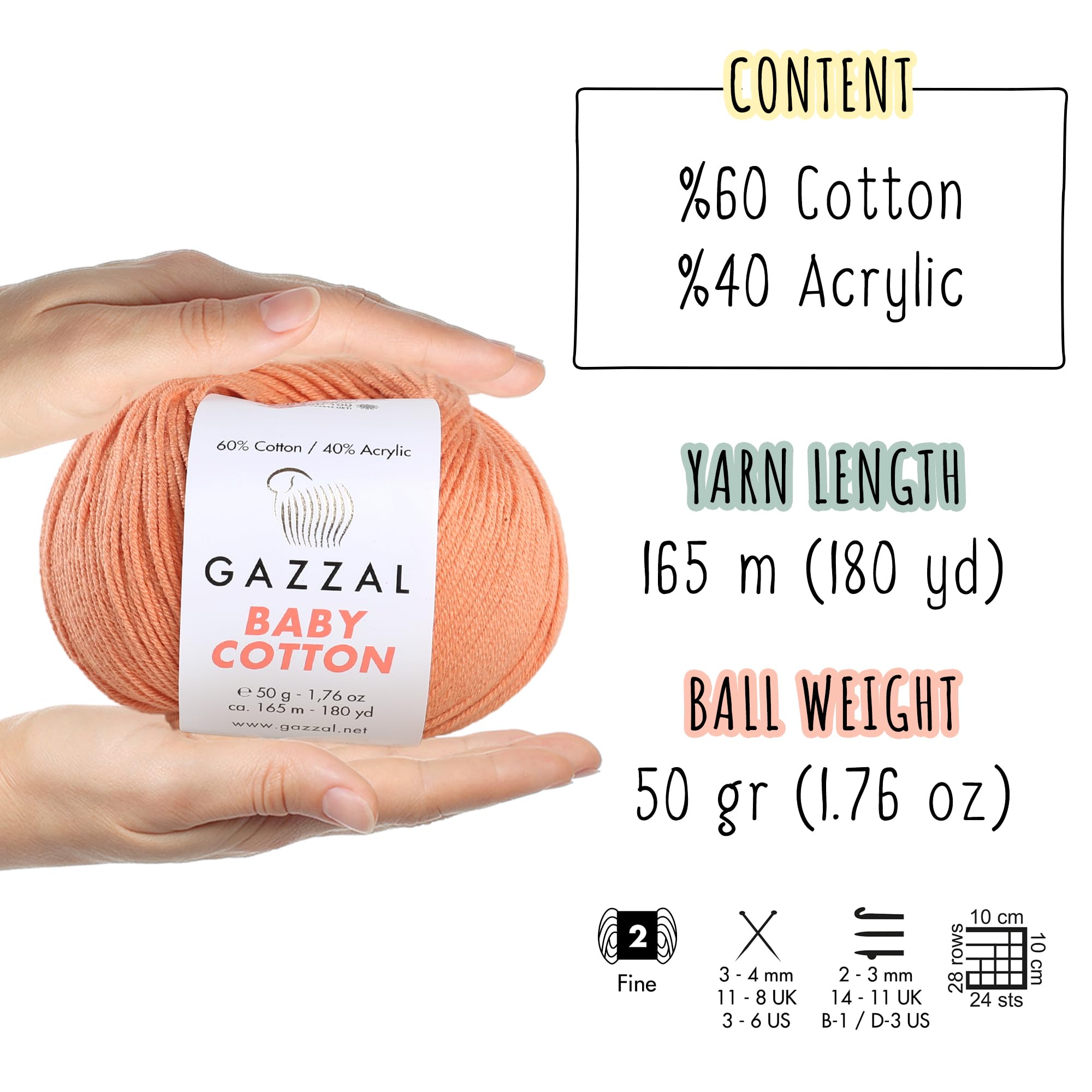 5 Skein (Pack) Total 8.8 Oz. Gazzal Baby Cotton Each 1.76 Oz (50g) / 150 Yrds (165m) Soft, Fine Baby Yarn, 60% Cotton, Blue - 3428