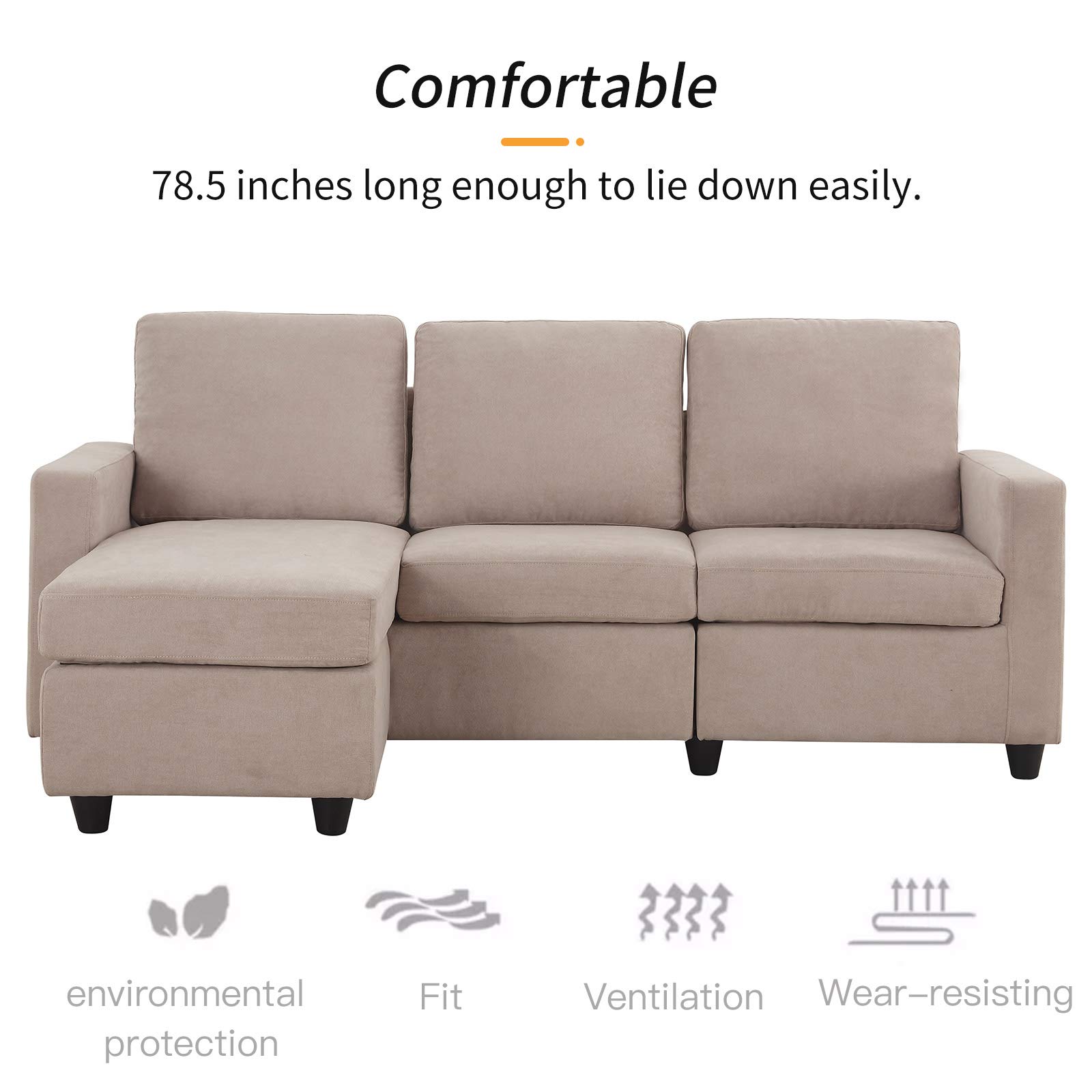 HONBAY L Shaped Couch with Linen Fabric,Convertible, Reversible Sectional Sofa for Small Space, Dark Beige