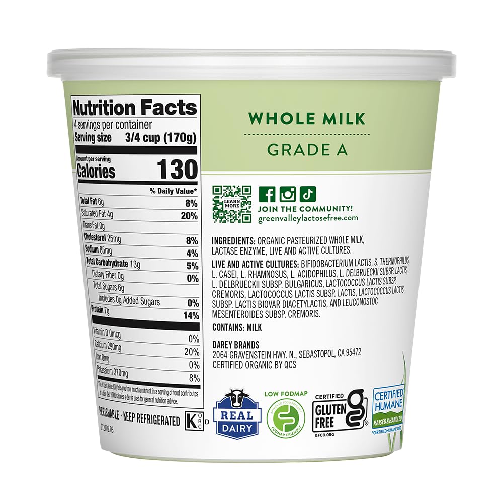 Green Valley Lactose Free Organic Whole Milk Plain Yogurt, 24 Ounce