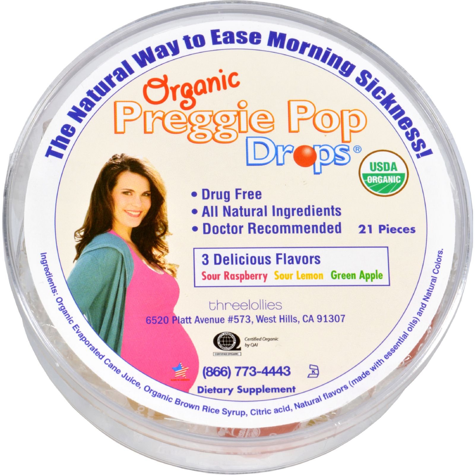 2 Pack of Three Lollies Preggie Pop Drops - Organic - Variety - Tub - 21 Count - Drug Free - All Natural - Doctor Recommended