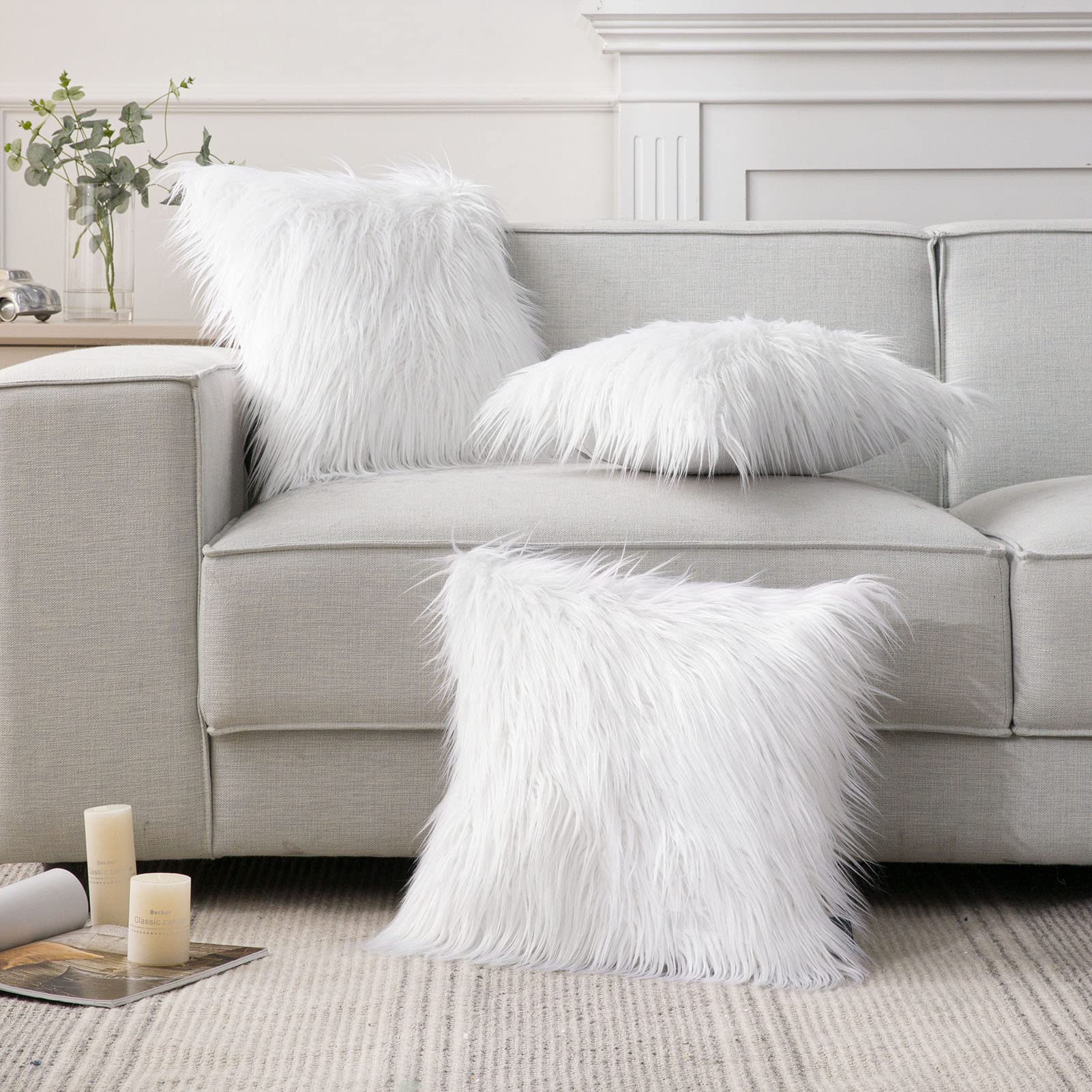 Phantoscope Pack of 2 Faux Fur Solid Throw Decorative Pillow Cover Cushion Covers Luxury Soft Decorative Pillowcase Fuzzy Pillow Covers for Bed/Couch, White 18 x 18 Inches