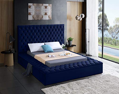 Meridian Furniture Bliss Collection Modern | Contemporary Velvet Upholstered Bed with Deep Button Tufting and Storage Compartments in Rails and Footboard, Queen, Navy
