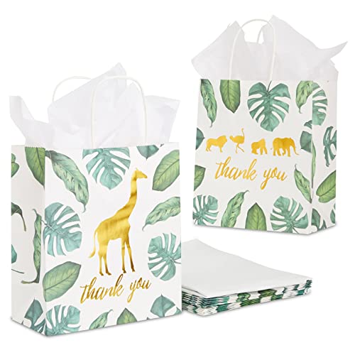 Juvale 12 Pack Safari Thank You Bags with Tissue Paper, Wild One 1st Birthday Themed Decorations for Girls and Boys (8 x 9 x 4 In)