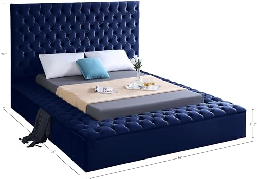 Meridian Furniture Bliss Collection Modern | Contemporary Velvet Upholstered Bed with Deep Button Tufting and Storage Compartments in Rails and Footboard, Queen, Navy
