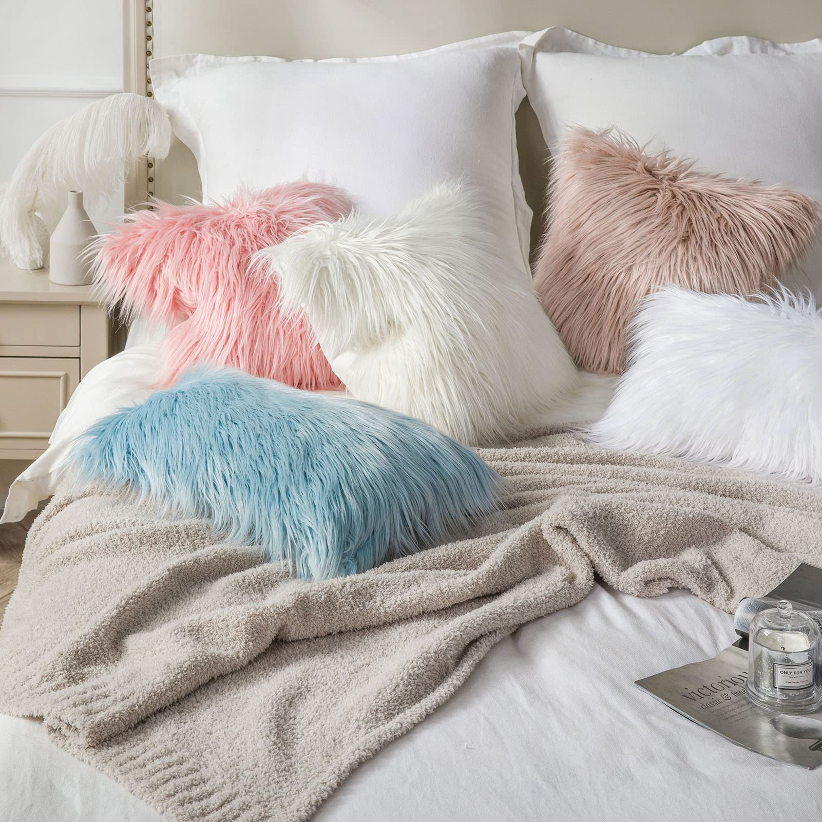 Phantoscope Pack of 2 Faux Fur Solid Throw Decorative Pillow Cover Cushion Covers Luxury Soft Decorative Pillowcase Fuzzy Pillow Covers for Bed/Couch, White 18 x 18 Inches