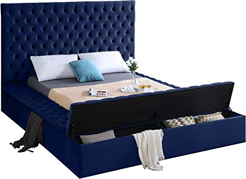 Meridian Furniture Bliss Collection Modern | Contemporary Velvet Upholstered Bed with Deep Button Tufting and Storage Compartments in Rails and Footboard, Queen, Navy