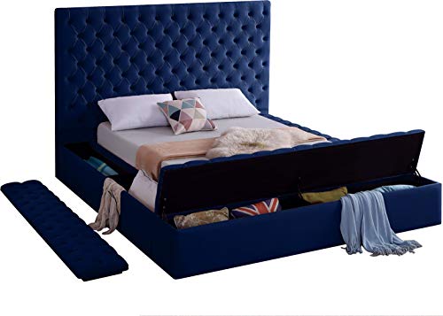 Meridian Furniture Bliss Collection Modern | Contemporary Velvet Upholstered Bed with Deep Button Tufting and Storage Compartments in Rails and Footboard, Queen, Navy