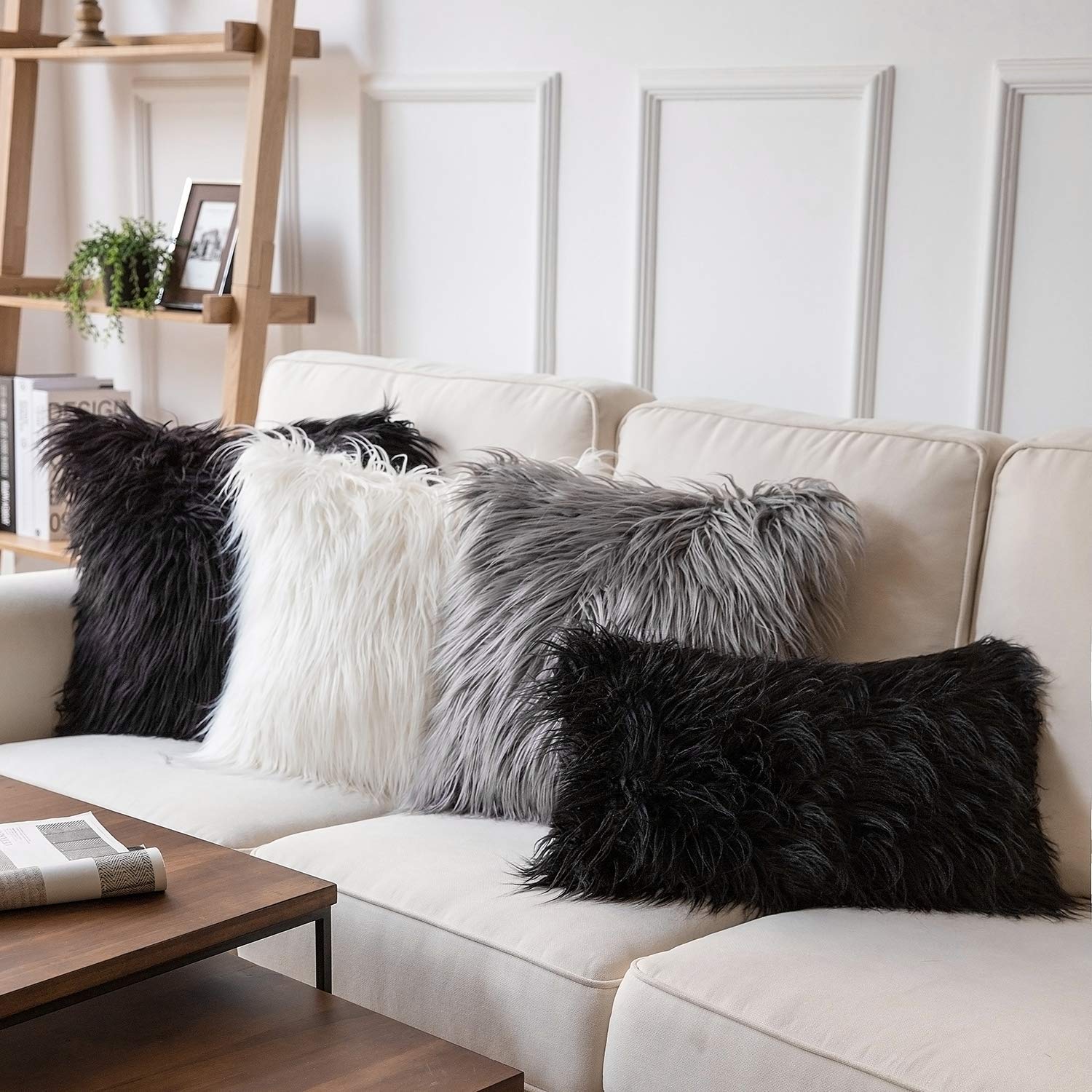 Phantoscope Pack of 2 Faux Fur Solid Throw Decorative Pillow Cover Cushion Covers Luxury Soft Decorative Pillowcase Fuzzy Pillow Covers for Bed/Couch, White 18 x 18 Inches