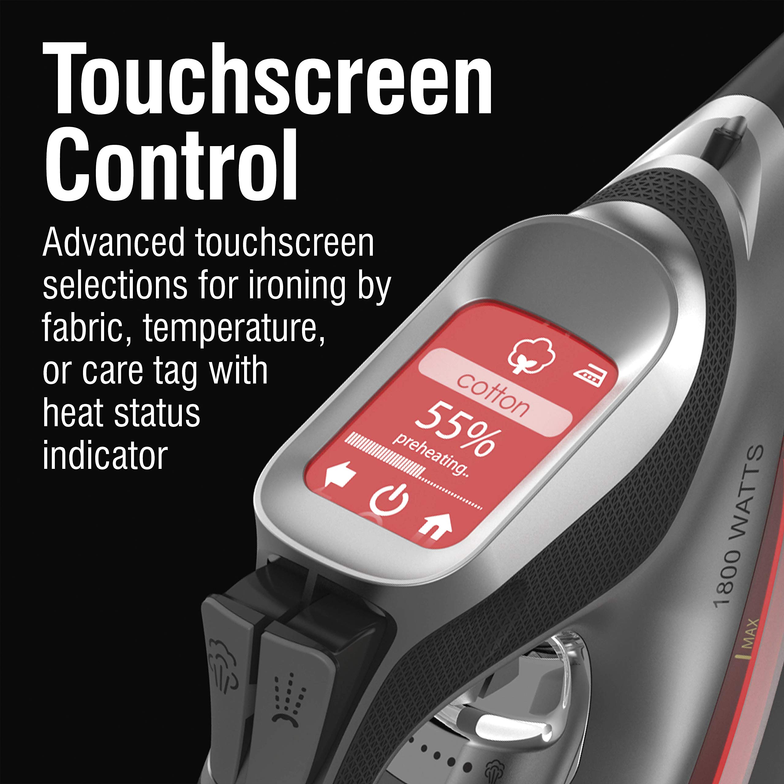 CHI Steam Iron for Clothes with Titanium Infused Ceramic Soleplate, 300+ Holes for Powerful Steaming, XL 10’ Cord, 3-Way Auto Shutoff, 1800 Watts, Advanced Touchscreen, Silver (13103)