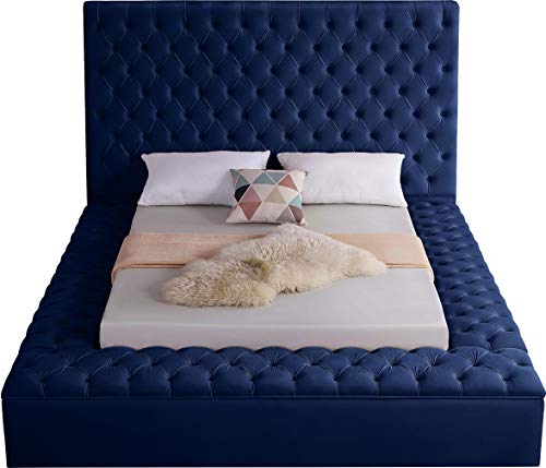 Meridian Furniture Bliss Collection Modern | Contemporary Velvet Upholstered Bed with Deep Button Tufting and Storage Compartments in Rails and Footboard, Queen, Navy