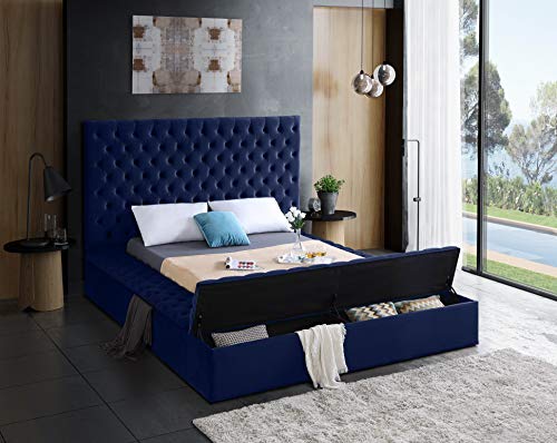Meridian Furniture Bliss Collection Modern | Contemporary Velvet Upholstered Bed with Deep Button Tufting and Storage Compartments in Rails and Footboard, Queen, Navy