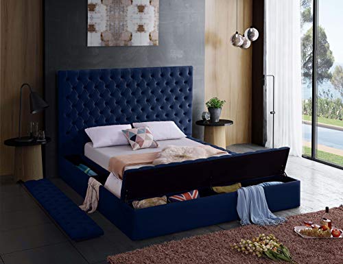 Meridian Furniture Bliss Collection Modern | Contemporary Velvet Upholstered Bed with Deep Button Tufting and Storage Compartments in Rails and Footboard, Queen, Navy