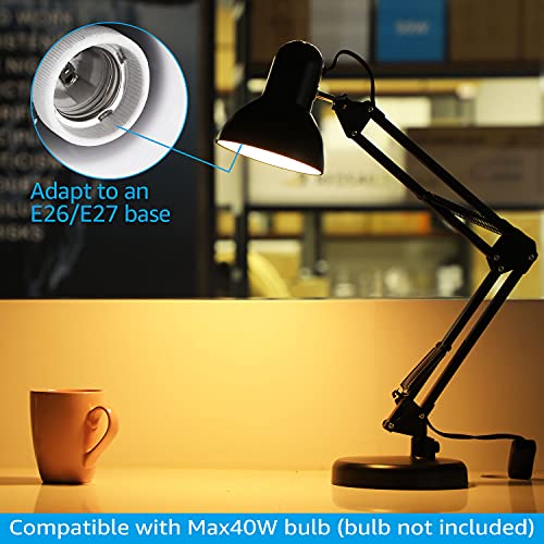 TORCHSTAR Metal Desk Lamp, Swing Arm Desk Lamp with Clamp, Adjustable Goose Neck Architect Study Table Lamp, Clip On Eye-Caring Reading Lamp for Home, Office, Multi-Joint, Black Finish