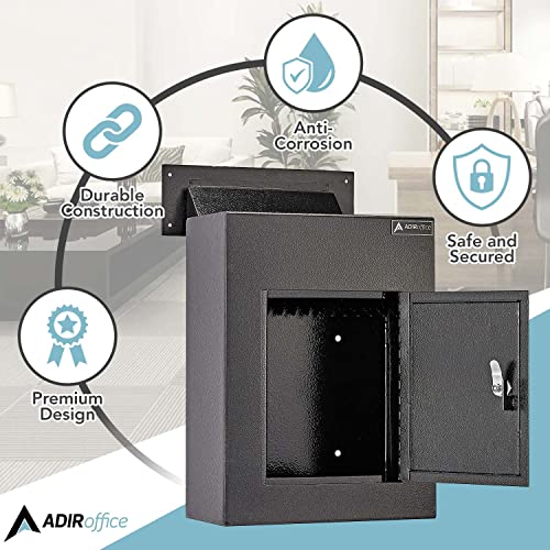 AdirOffice Through The Wall Drop Box Safe - Durable Thick Steel w/Adjustable Chute - Mail Vault for Home Office Hotel Apartment
