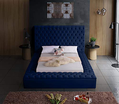 Meridian Furniture Bliss Collection Modern | Contemporary Velvet Upholstered Bed with Deep Button Tufting and Storage Compartments in Rails and Footboard, Queen, Navy