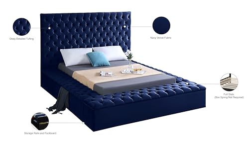 Meridian Furniture Bliss Collection Modern | Contemporary Velvet Upholstered Bed with Deep Button Tufting and Storage Compartments in Rails and Footboard, Queen, Navy