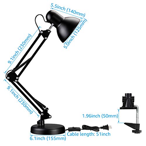 TORCHSTAR Metal Desk Lamp, Swing Arm Desk Lamp with Clamp, Adjustable Goose Neck Architect Study Table Lamp, Clip On Eye-Caring Reading Lamp for Home, Office, Multi-Joint, Black Finish