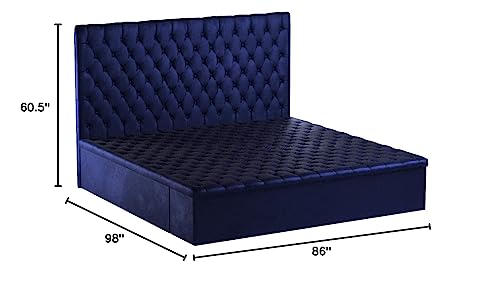 Meridian Furniture Bliss Collection Modern | Contemporary Velvet Upholstered Bed with Deep Button Tufting and Storage Compartments in Rails and Footboard, Queen, Navy