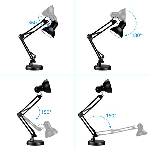 TORCHSTAR Metal Desk Lamp, Swing Arm Desk Lamp with Clamp, Adjustable Goose Neck Architect Study Table Lamp, Clip On Eye-Caring Reading Lamp for Home, Office, Multi-Joint, Black Finish
