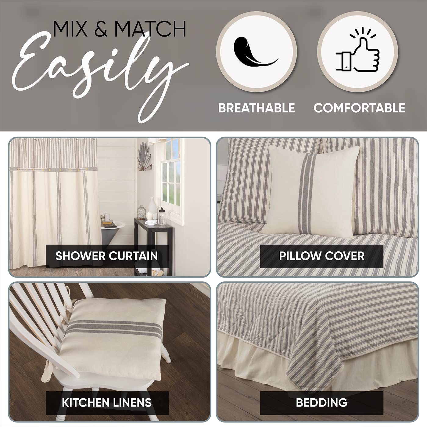 Piper Classics Market Place Gray Queen Quilt, 100% Cotton with Gray Ticking, Hand Quilted Grain Sack Bed Spread Bedding for Boho, Shabby Chic and Rustic Farmhouse Decor (90”x90”) …