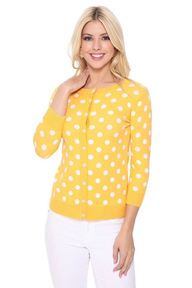 YEMAK Women's Polka Dot Cute Jacquard Crewneck Button Down Sweater Cardigan MK3104-RED-S