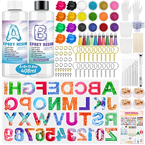 Thrilez Alphabet Resin Molds Kit with Alphabet Silicone Molds, Epoxy Resin, Mica Powder, Glitter, Foil Flakes, Tassels, Keychains, Jump Rings and Pin Vis for Resin Keychain Making