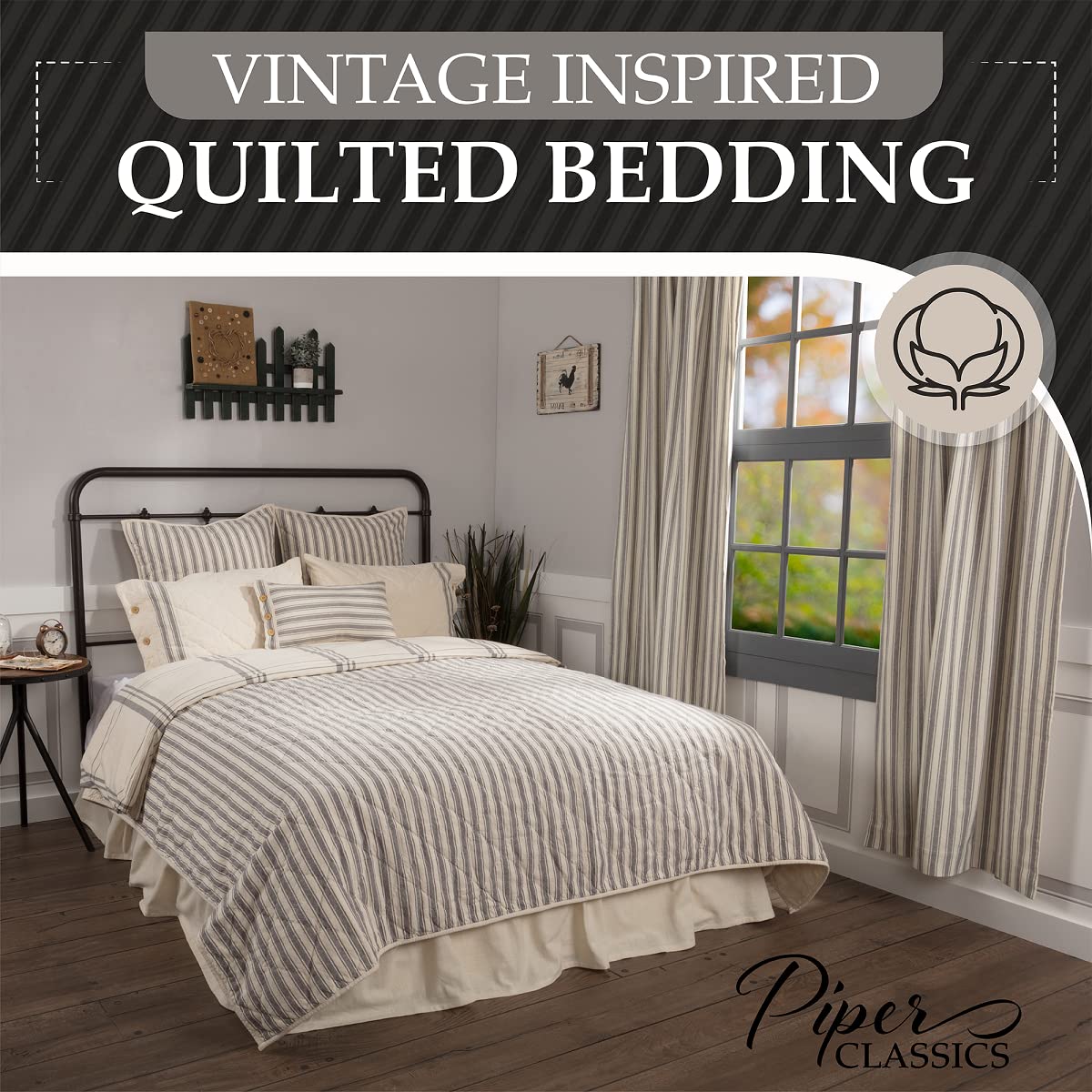 Piper Classics Market Place Gray Queen Quilt, 100% Cotton with Gray Ticking, Hand Quilted Grain Sack Bed Spread Bedding for Boho, Shabby Chic and Rustic Farmhouse Decor (90”x90”) …