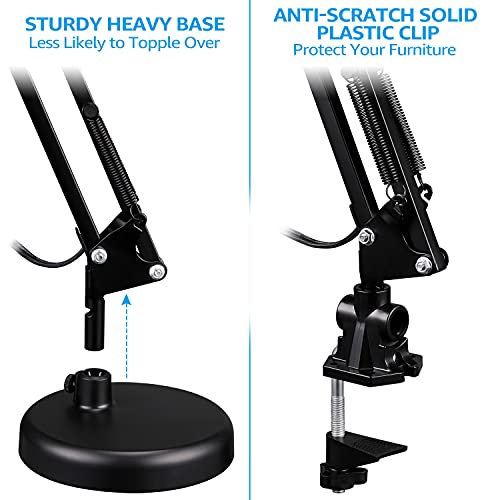 TORCHSTAR Metal Desk Lamp, Swing Arm Desk Lamp with Clamp, Adjustable Goose Neck Architect Study Table Lamp, Clip On Eye-Caring Reading Lamp for Home, Office, Multi-Joint, Black Finish