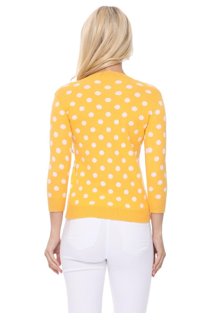 YEMAK Women's Polka Dot Cute Jacquard Crewneck Button Down Sweater Cardigan MK3104-RED-S