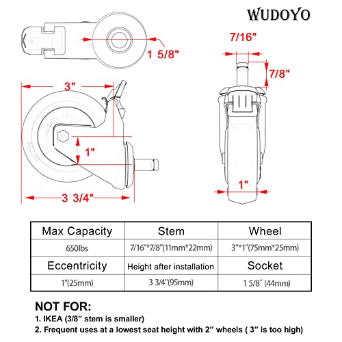 WUDOYO Professional Locking Office Chair Wheels with Brakes Wide Rubber Heavy Duty Replacement for Carpet Wood Tile Floor(with 5 Locks)