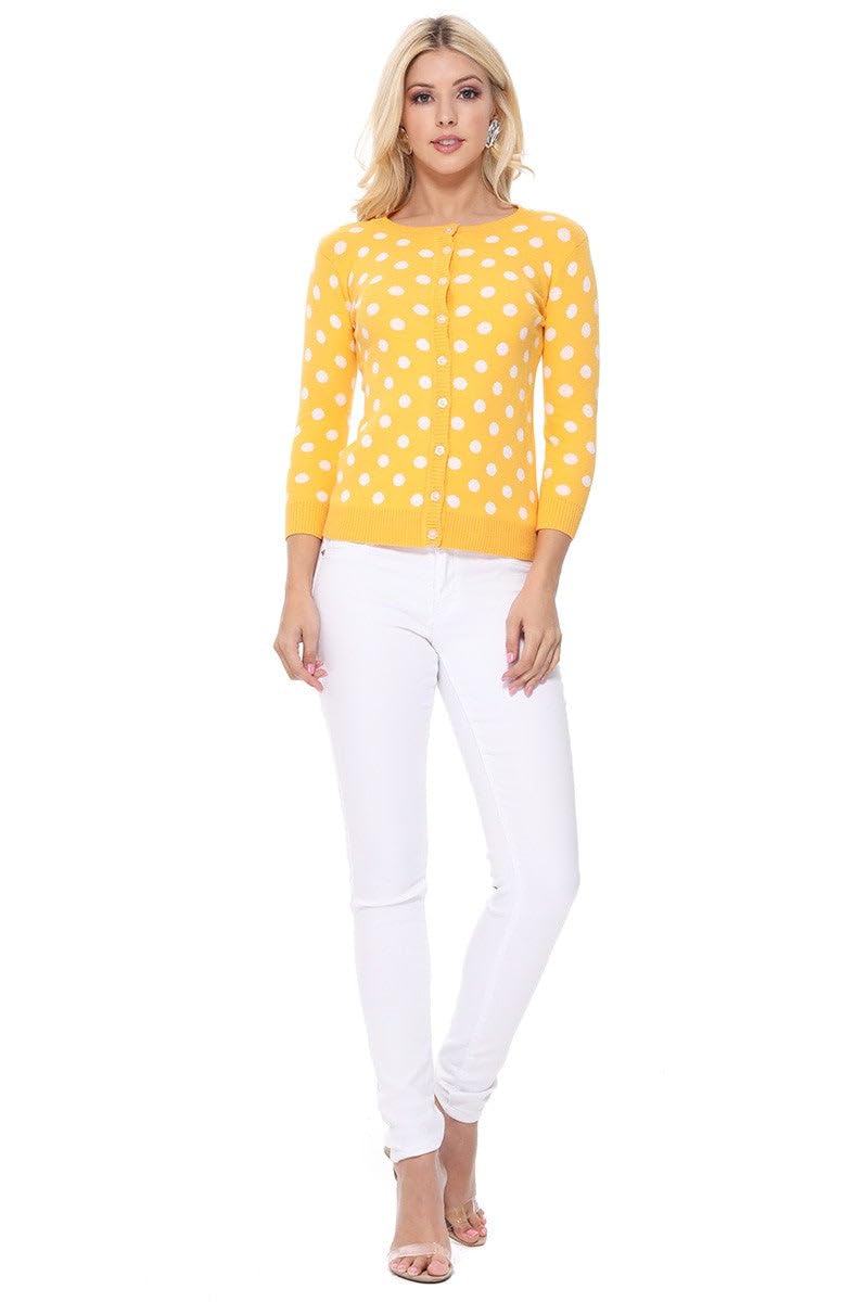 YEMAK Women's Polka Dot Cute Jacquard Crewneck Button Down Sweater Cardigan MK3104-RED-S